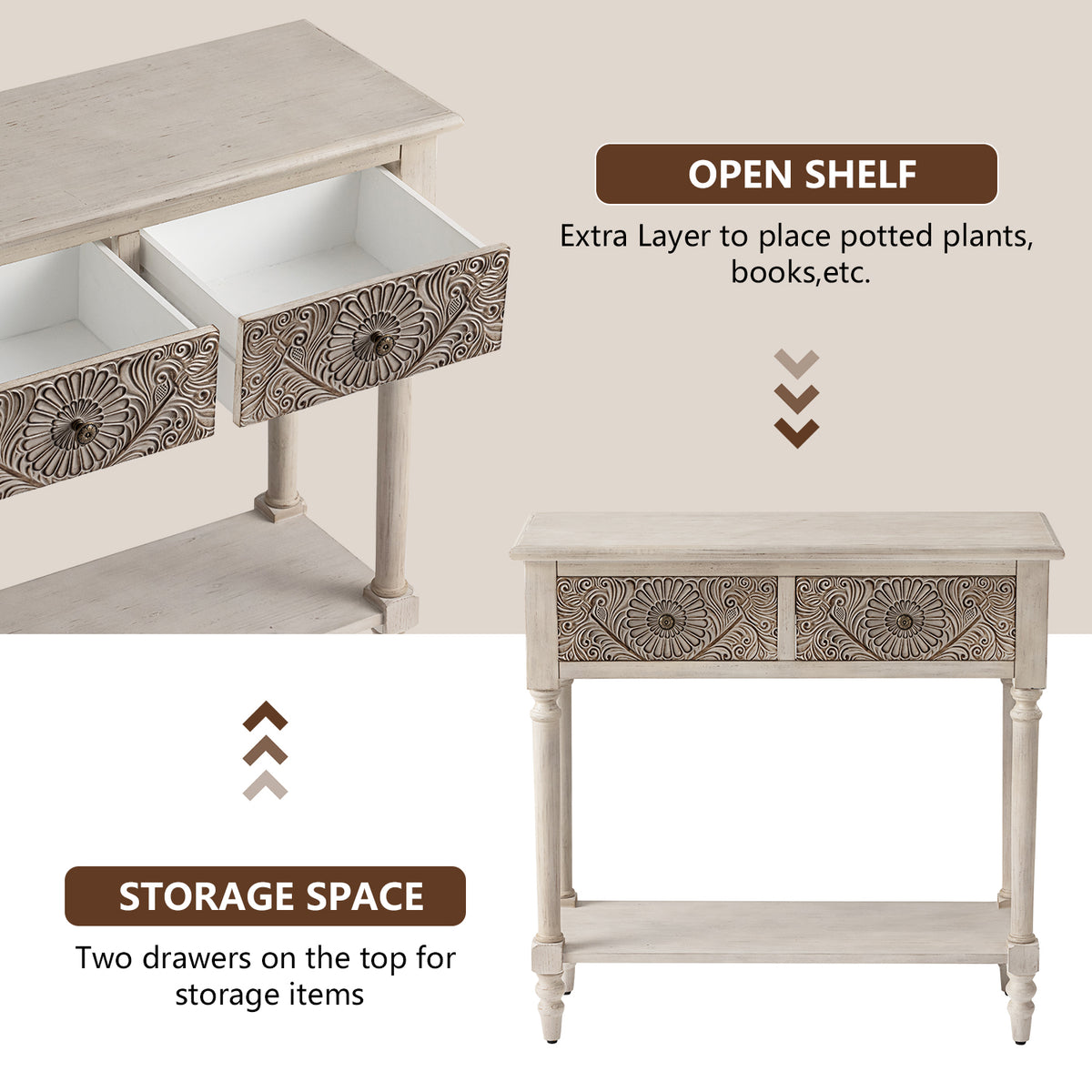 COSIEST Vintage Solid Wood 2-Drawers Console Table-31.5"W x 12"L x 30"
