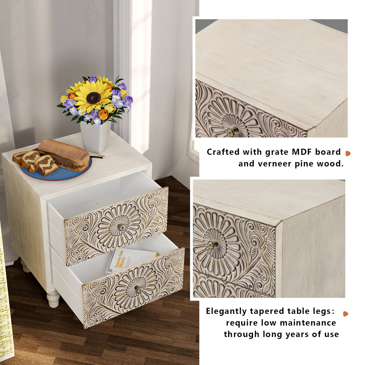 COSIEST Vintage Brown Pattern Solid Wood End Table with Drawers