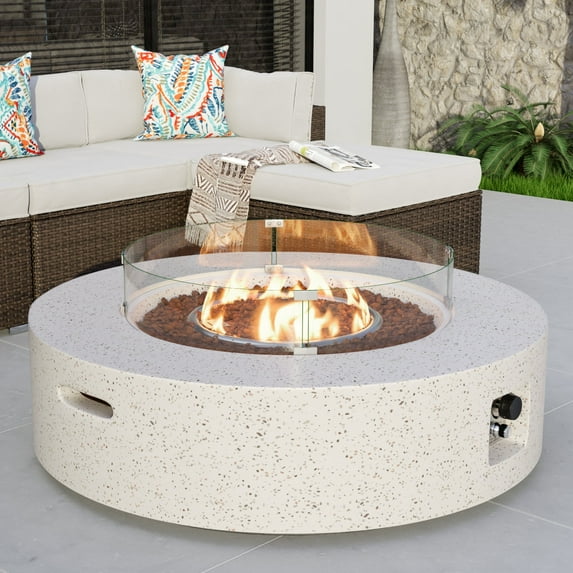 COSIEST Outdoor Round Terrazzo White Propane Fire Pit Coffee Table w W