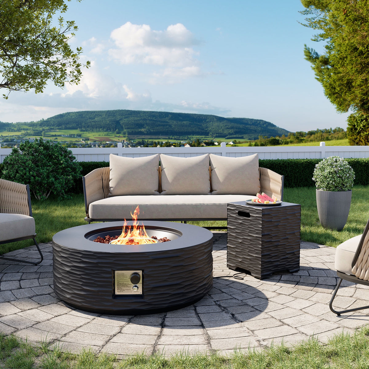 COSIEST 35" Round Propane Fire Pit Table,Water Ripple Design 50,000 BT