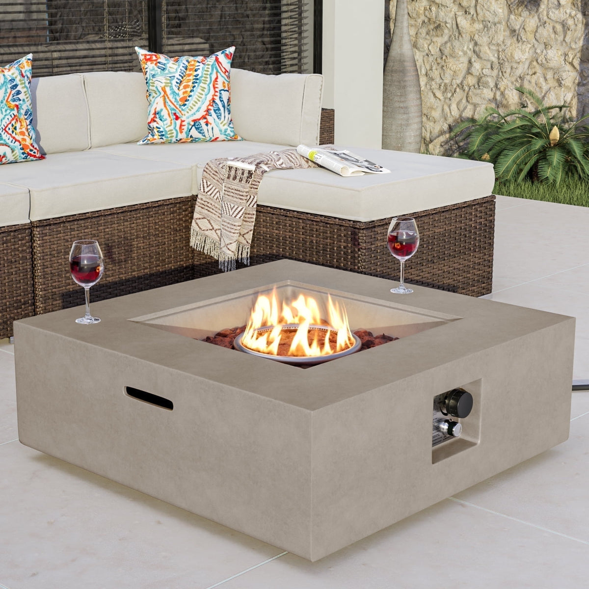 COSIEST Outdoor Propane Fire Pit Coffee Table w Square Faux Stone 35-i