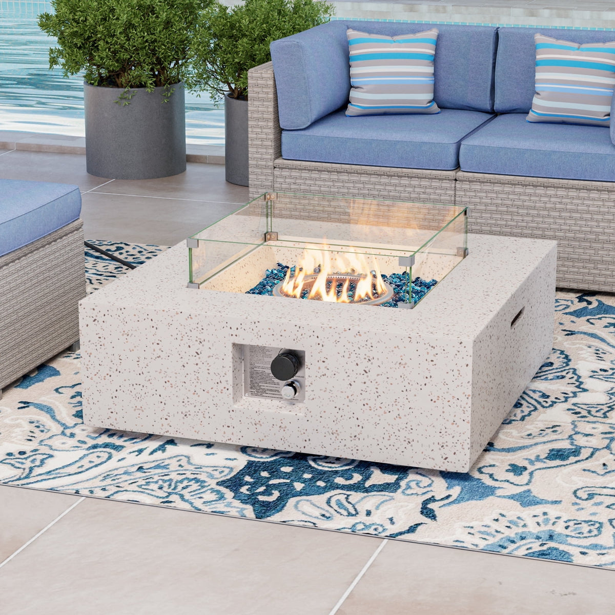 COSIEST Outdoor Propane Square Fire Pit Table, Terrazzo White Faux Sto