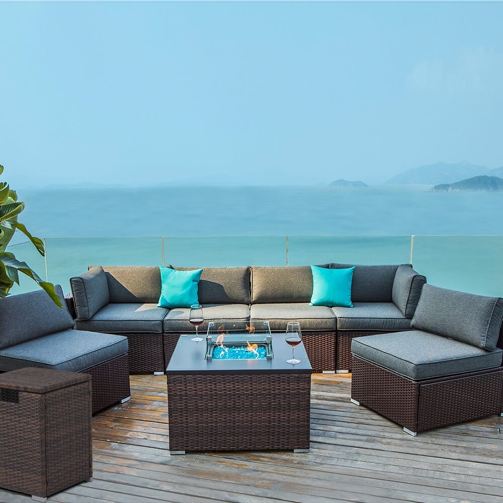 8 Piece U Shaped Outdoor Sectional with Square Fire Pit – COSIEST